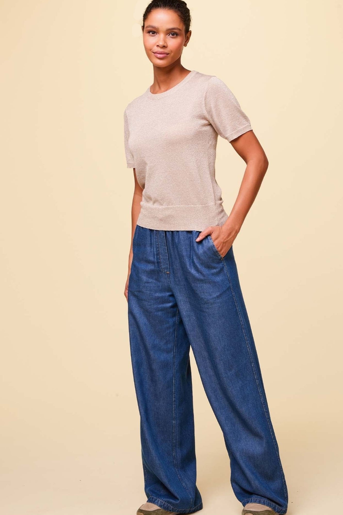 Aspiga Ladies Sustainable Juliana Drawstring Trouser Denim Tencel Wide Leg Chambray Blue