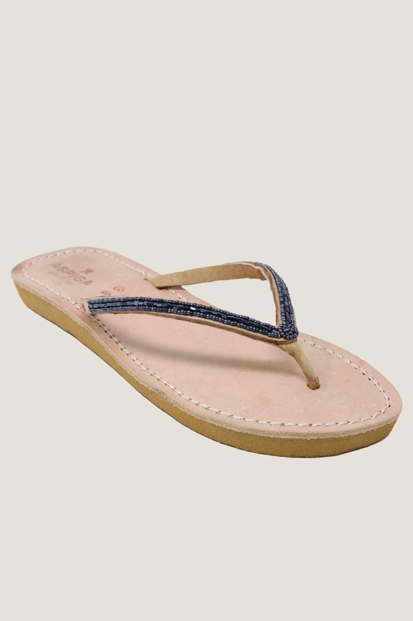 Aspiga Kenyan Beaded Classic Flip Flops Leather Bullet Navy Summer