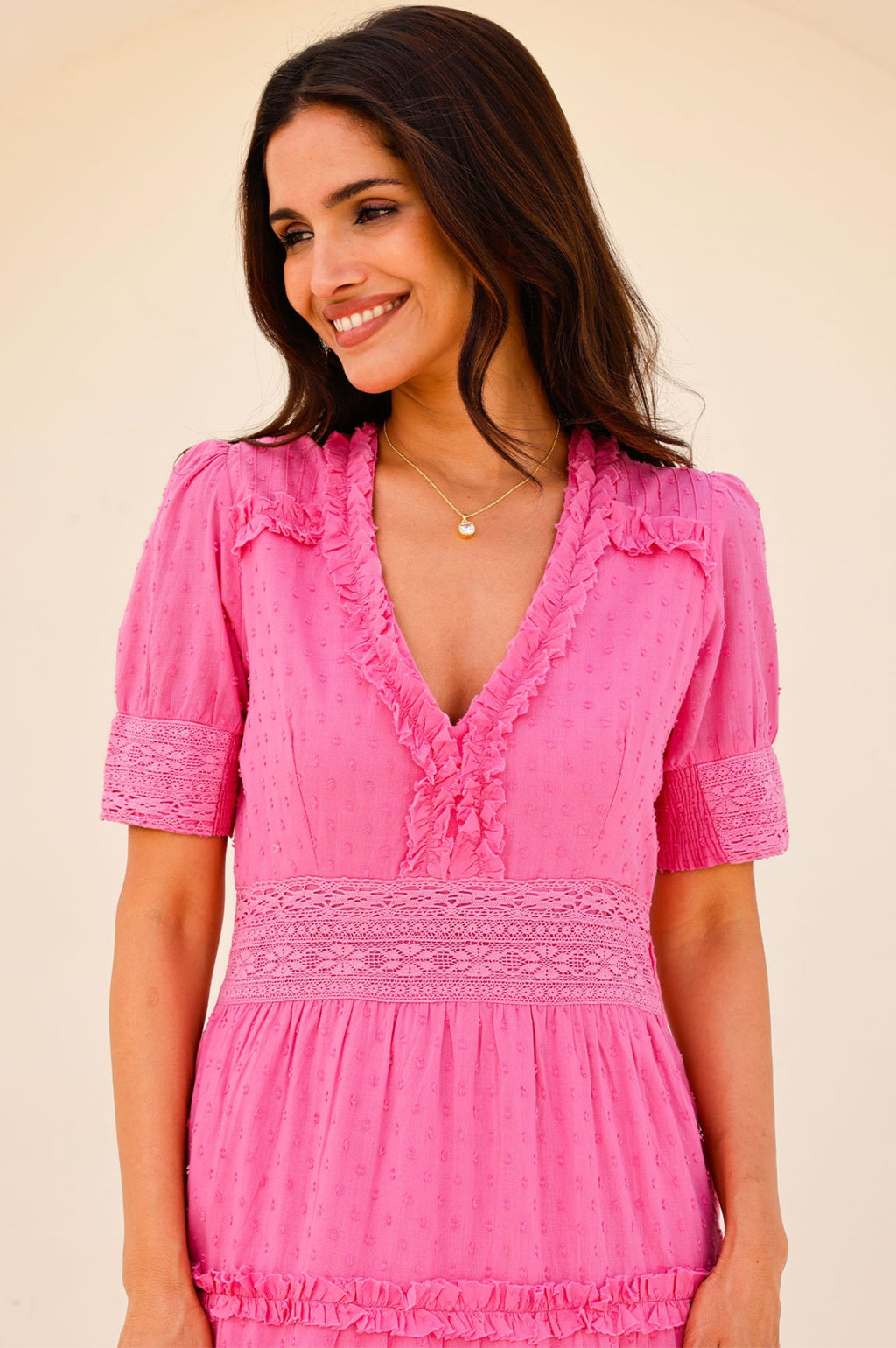 Aspiga Ladies Sustainable Viola Cotton Pink V-Neck Short Sleeve Dress ...