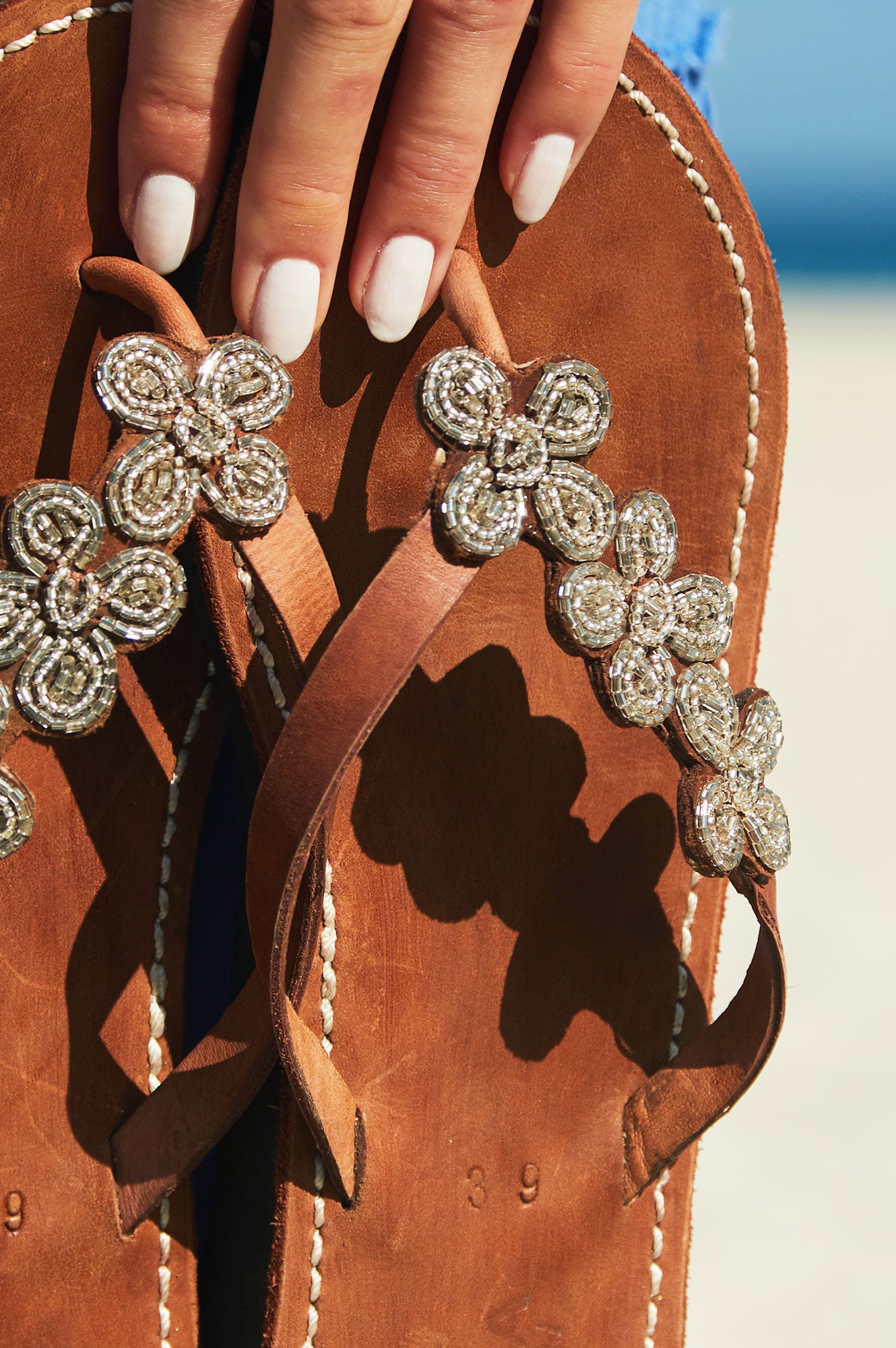 Aspiga Sustainable Leather and Glass Beaded Handmade Sandals | Silver